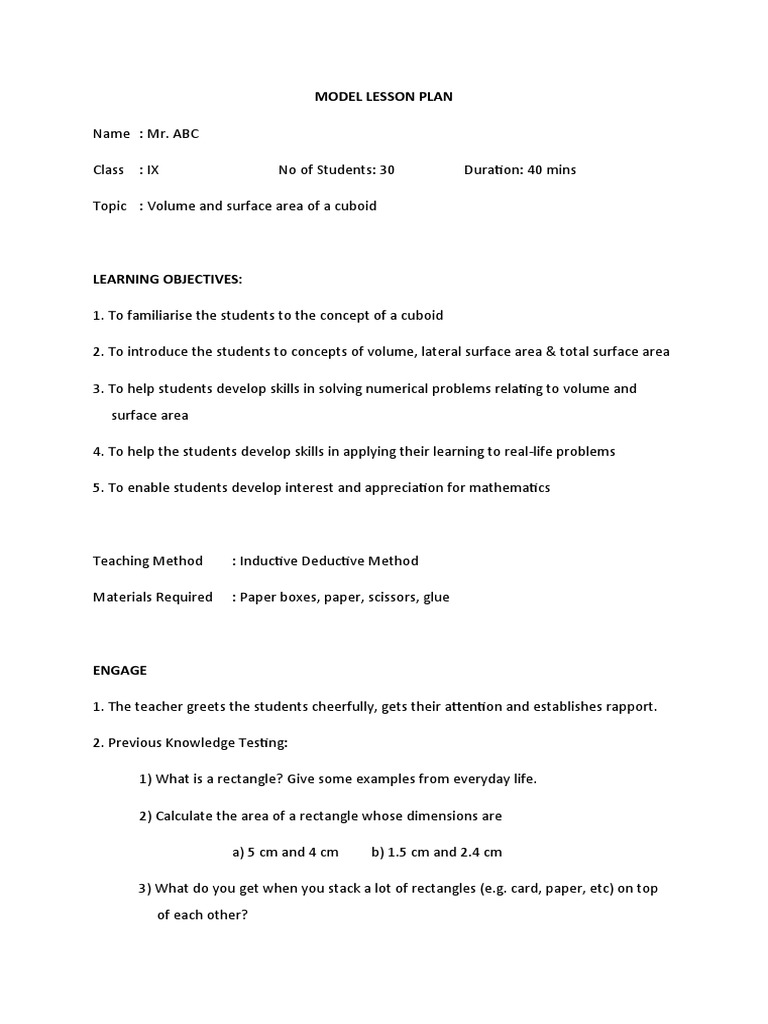 5E Lesson Plan | Download Free PDF | Area | Volume
