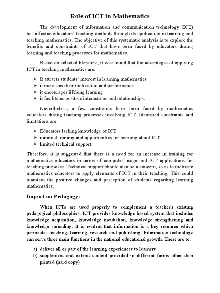 Role of ICT in Mathematics | PDF | Educational Technology | Teaching Method