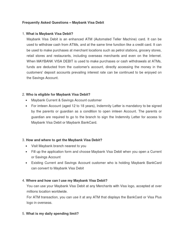 Frequently Asked Questions - Maybank Visa Debit | PDF | Debit Card ...