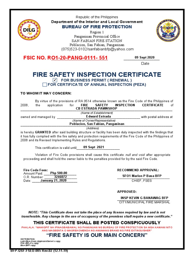 FSED 005 FSIC For New Business Permit REV 2 | PDF | Fire Safety ...