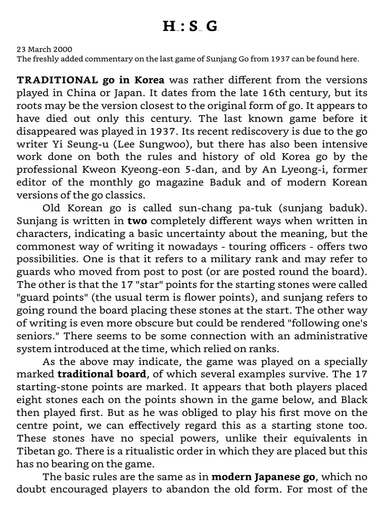 TRADITIONAL Go in Korea Was Rather Di Erent From The Versions | PDF ...