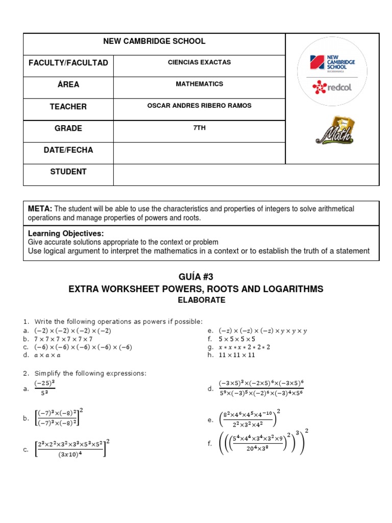 Worksheet Powers, Roots and Logarithms 2020-2021 PDF | PDF | Logarithm ...