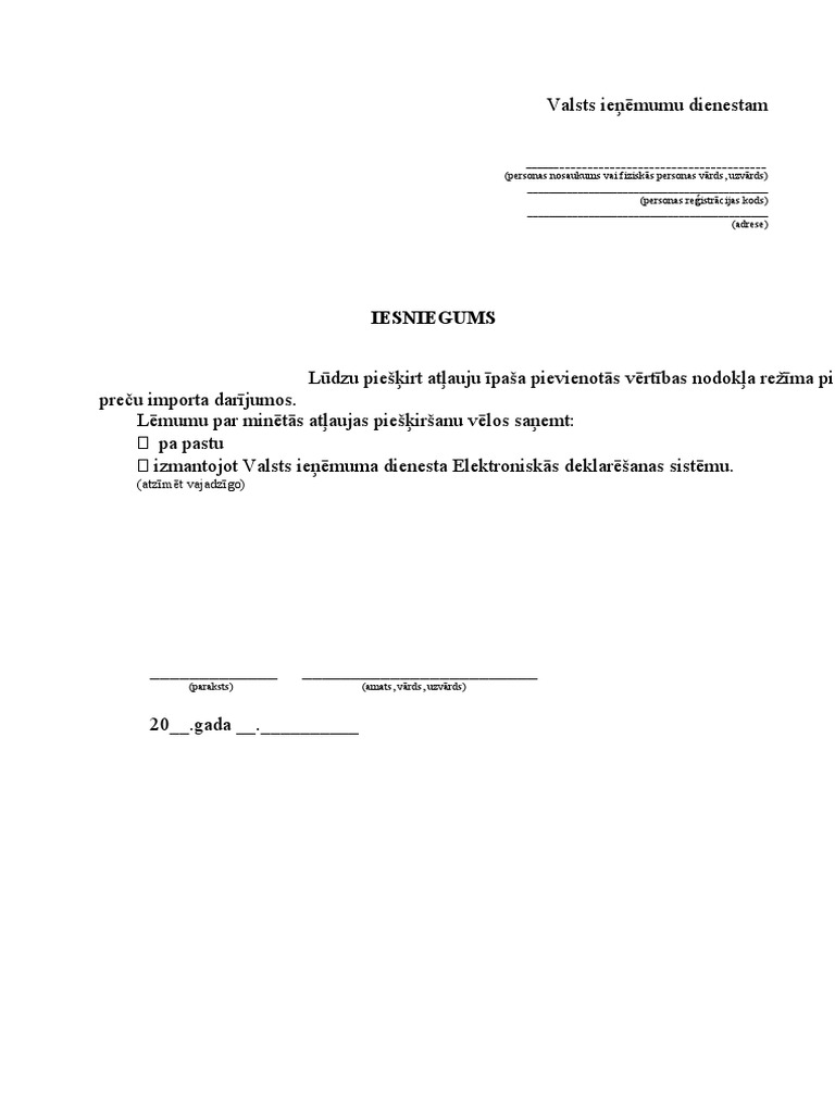 Iesniegums Atlaujas Ipasa PVN Rezima Piemerosanai Importa Darijumos ...