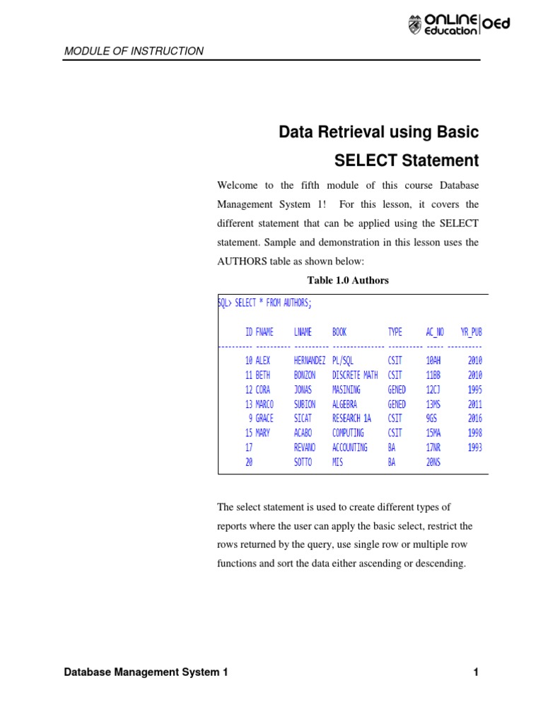 Data Retrieval Using Basic SELECT Statement: Module of Instruction ...
