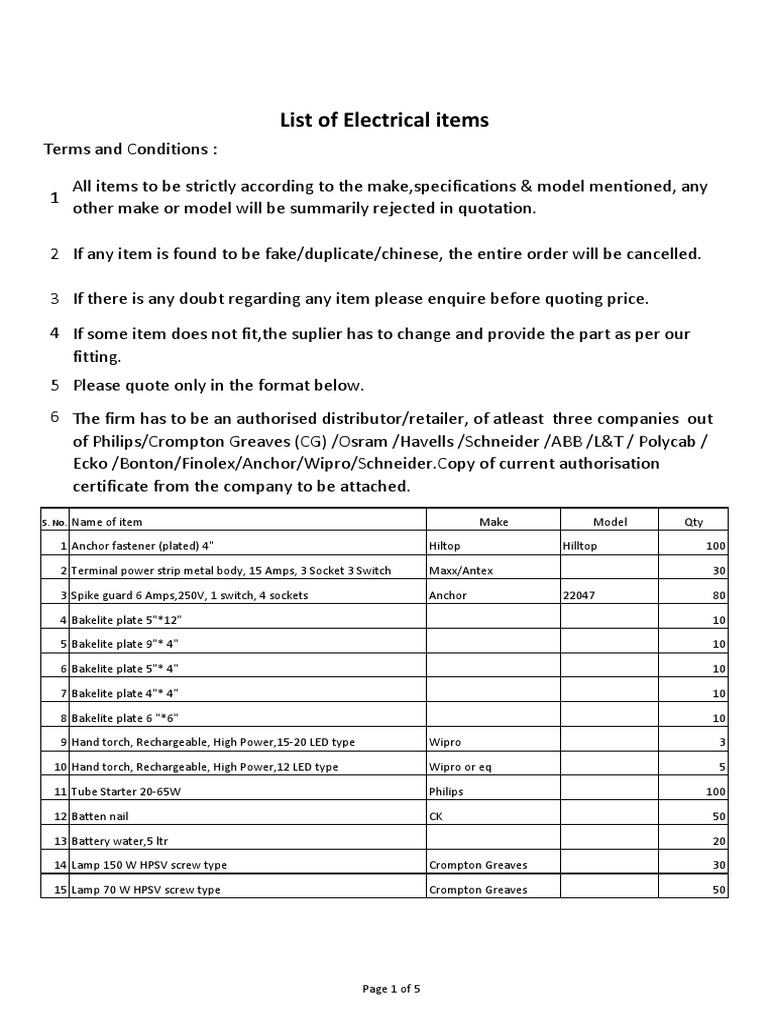 Comprehensive Electrical Items List | PDF | Compact Fluorescent Lamp ...