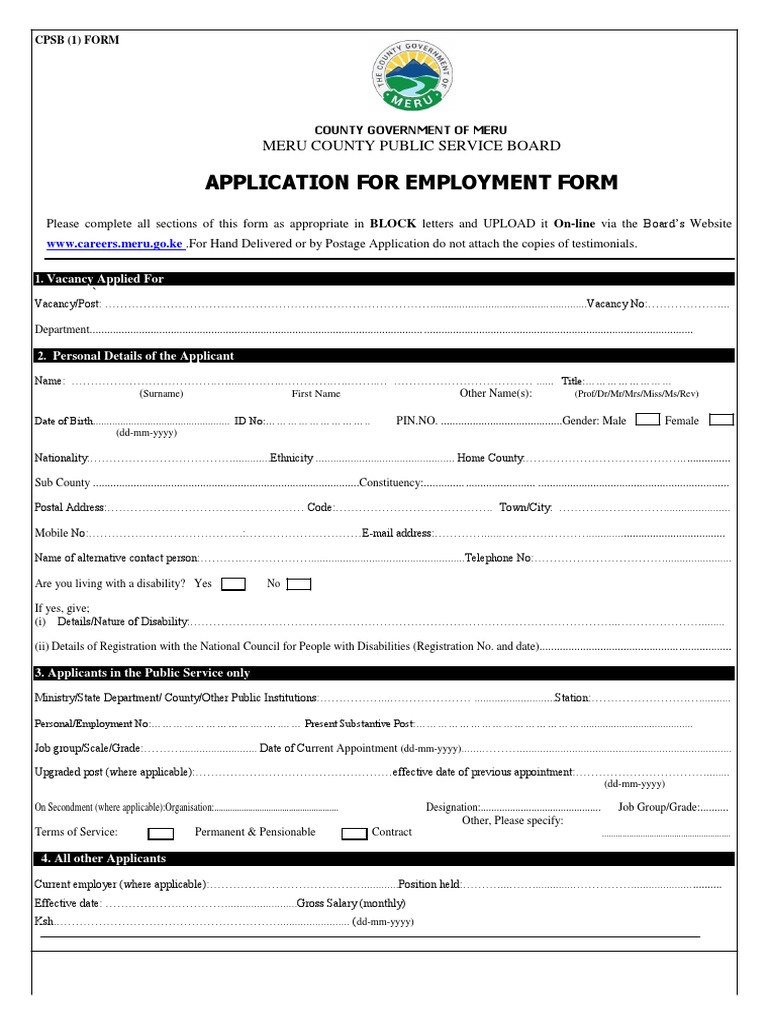 Application For Employment Form: Meru County Public Service Board | PDF ...