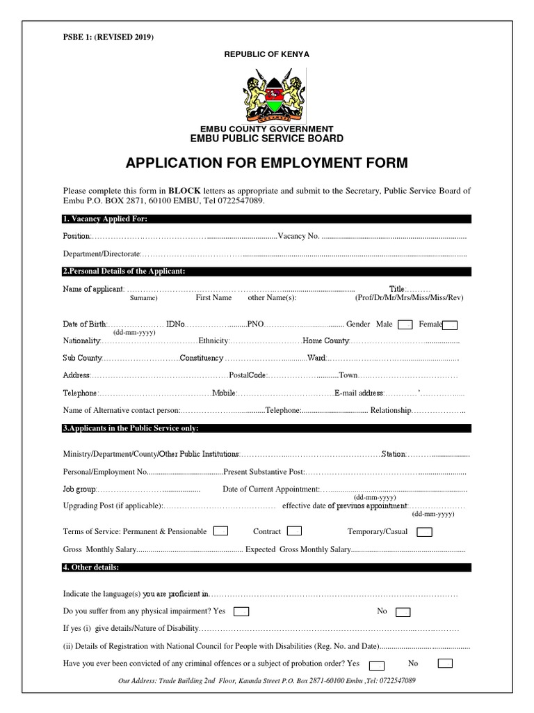 EMBU COUNTY PUBLIC SERVICE BOARD APPLICATION FORM 2 Revised 2019 PDF ...