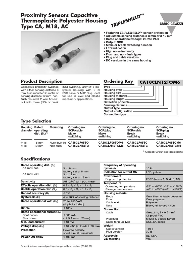 Proximity Sensors Capacitive Thermoplastic Polyester Housing Type CA ...