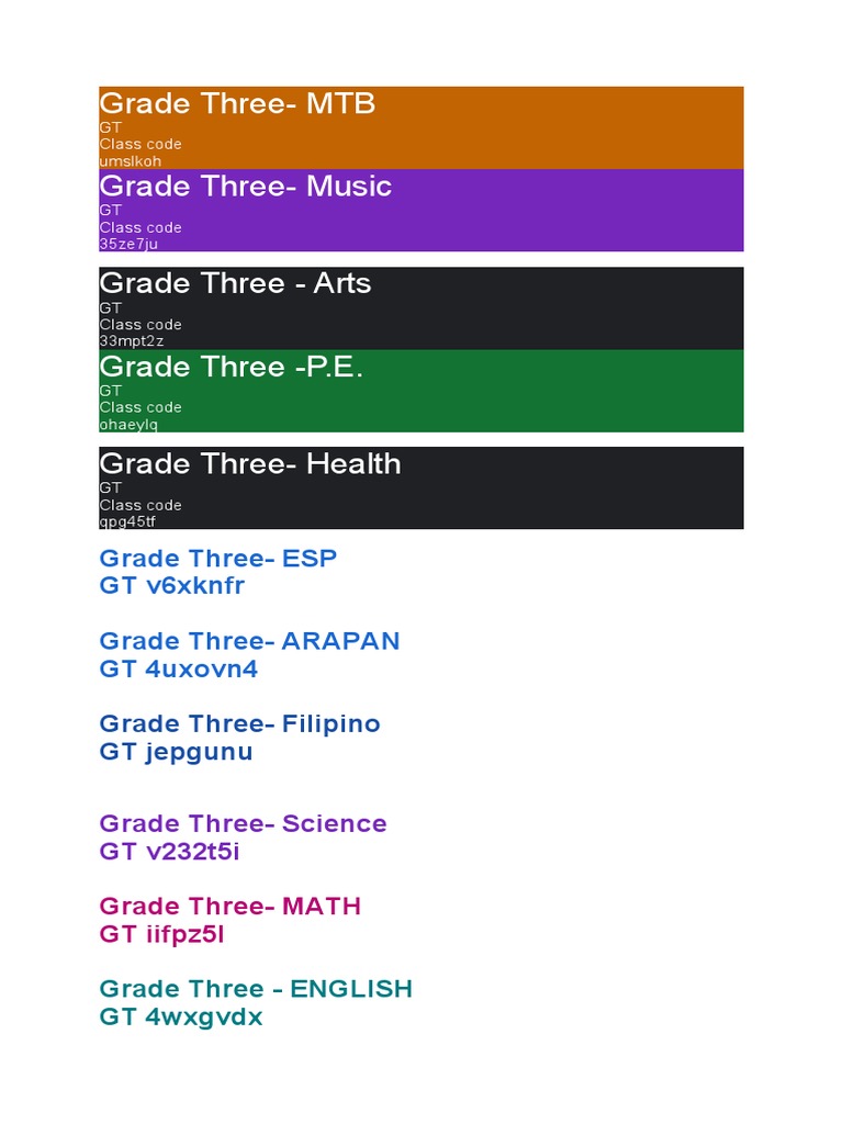 Grade Three GT Class Codes List | PDF