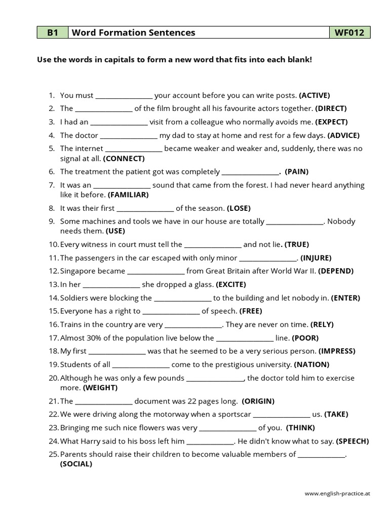 B1 Word Formation Sentences WF012: Use The Words in Capitals To Form A ...