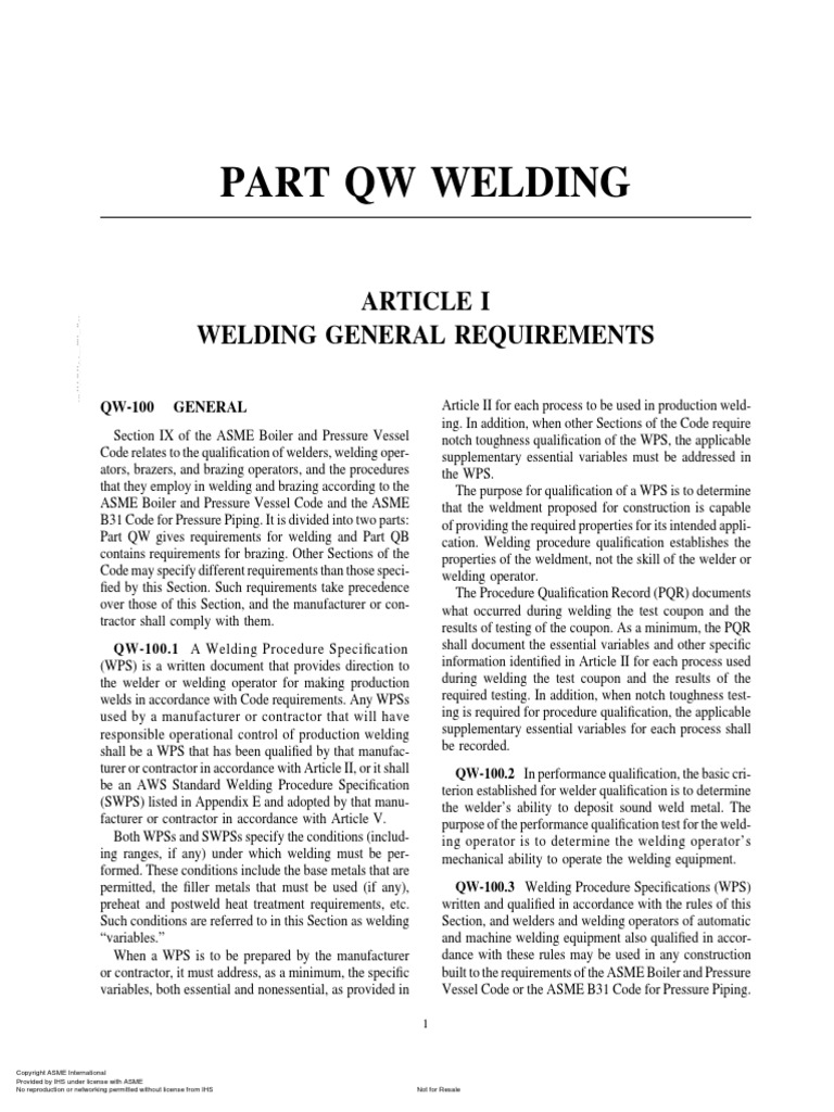 Asme Sect. Ix Part QW Art. I 2005 PDF | PDF | Welding | Construction