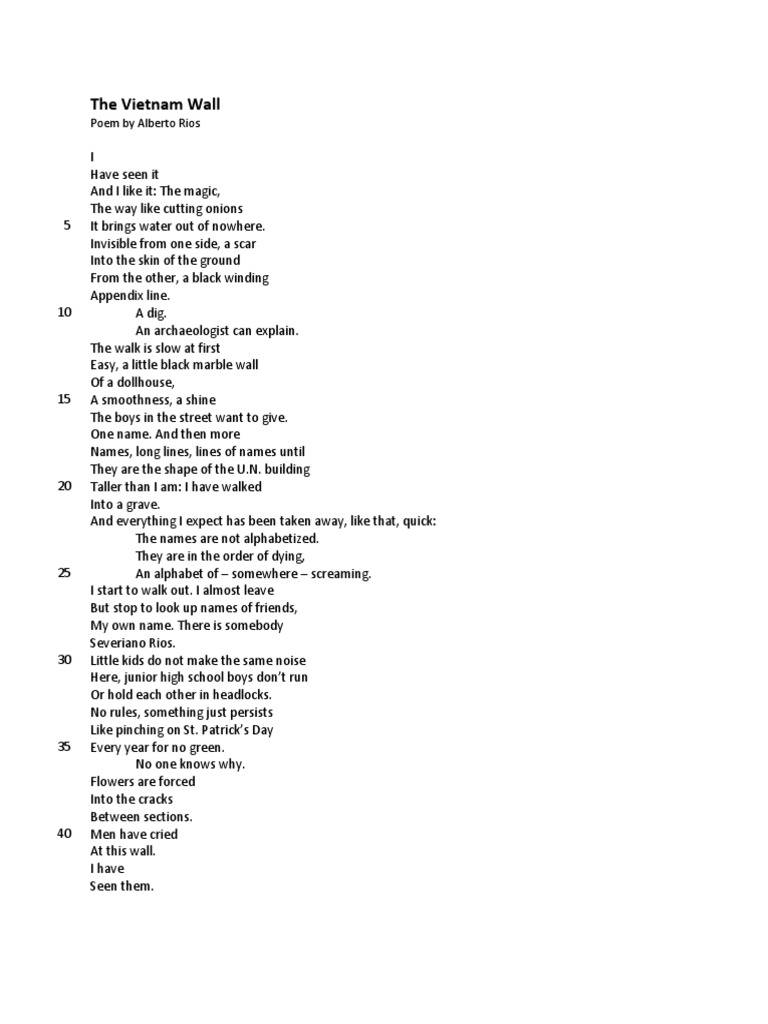 The Vietnam Wall: Poem by Alberto Rios | PDF