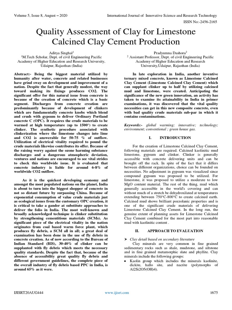 Quality Assessment of Clay For Limestone Calcined Clay Cement ...