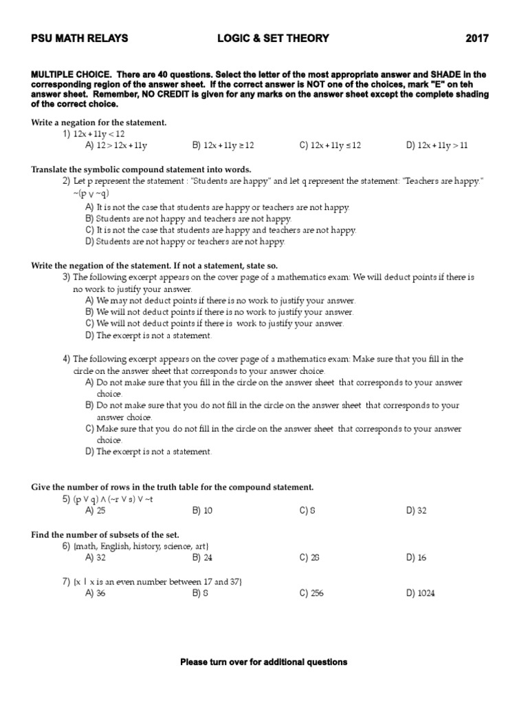 Psu Math Relays Logic & Set Theory 2017 | PDF | Argument | Formalism (Deductive)