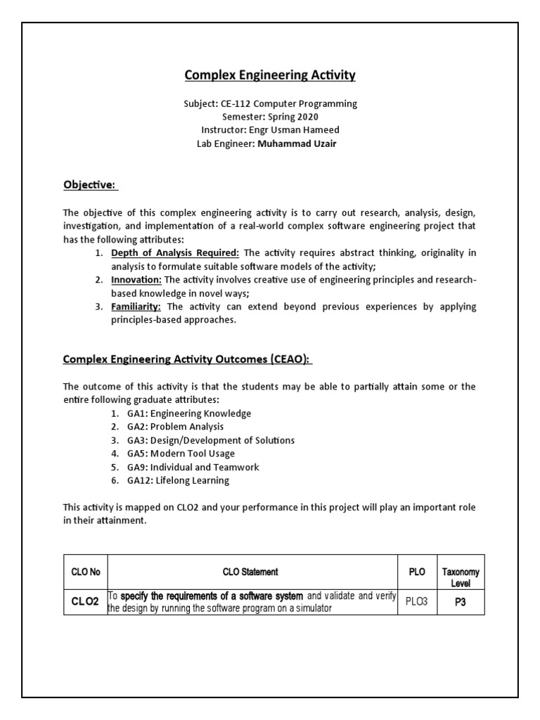 Complex Engineering Activity: Objective | PDF | Engineering | System