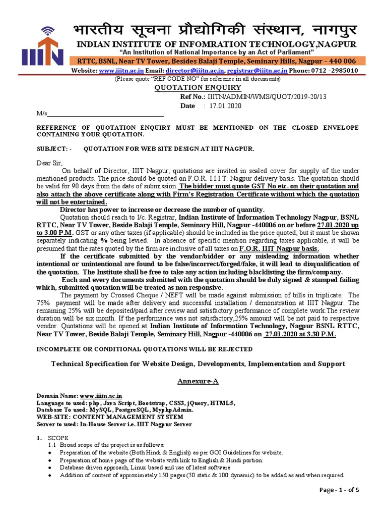 Indian Institute of Infomration Technology, Nagpur: Quotation Enquiry ...
