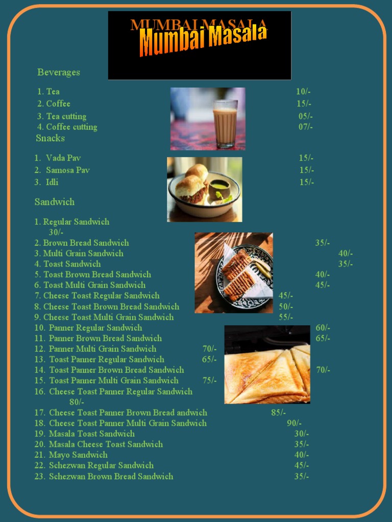 Mumbai Masala Menu Card | PDF | Toast | Sandwich