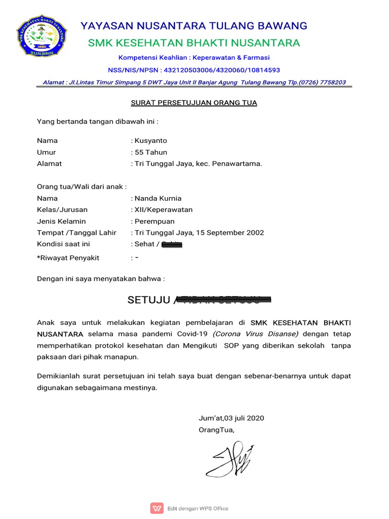 SURAT PERSETUJUAN ORANG TUA - BINUS - Nanda Kurnia | PDF