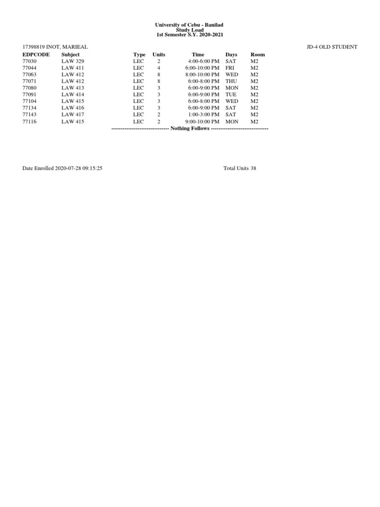 University of Cebu - Banilad Study Load 1st Semester S.Y. 2020-2021 | PDF