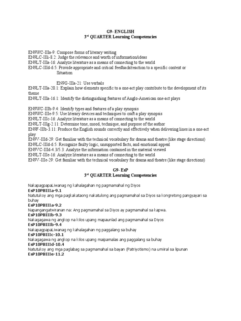 G9 ENGLISH 3rd QTR Competencies | PDF