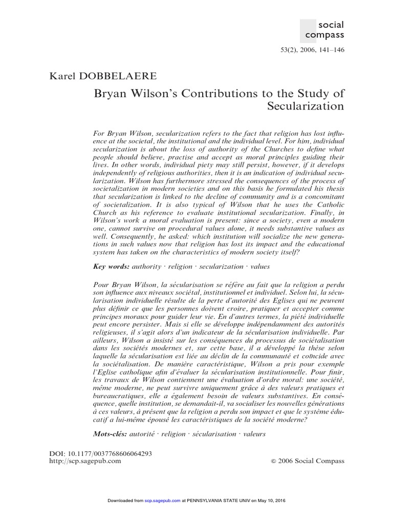 Bryan Wilson's Contributions To The Study of Secularization: Social ...