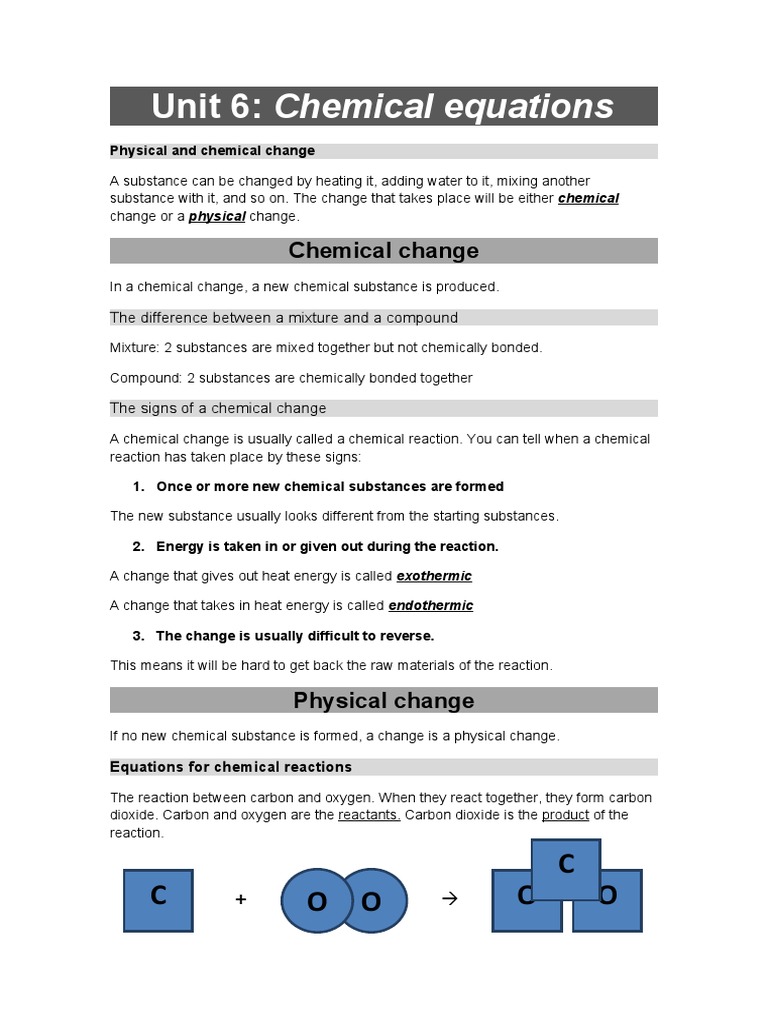 Unit 6: Chemical Equations: O O O C O C | PDF | Chemical Reactions ...
