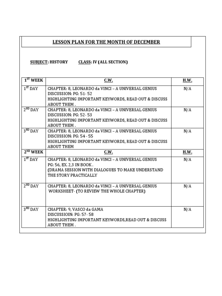 December History Lesson Plan for IV Class | PDF | Art