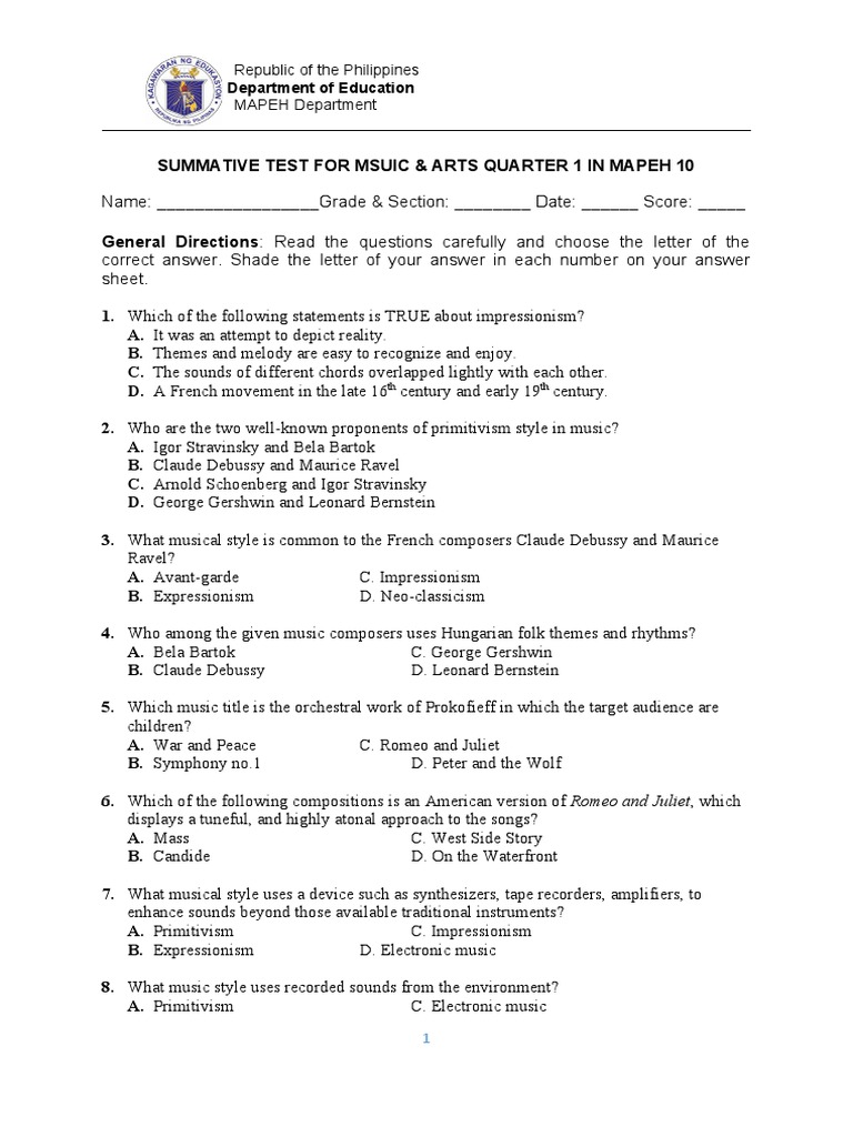 Summative 10-Music & Arts Q1 | PDF | Composers | Expressionism