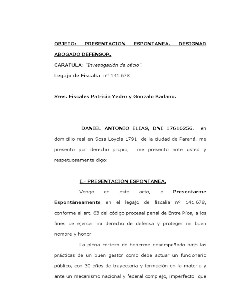 Presentacion Espontanea y Designa Abogado Defensor - Firmado | PDF | Estado (política) | Abogado