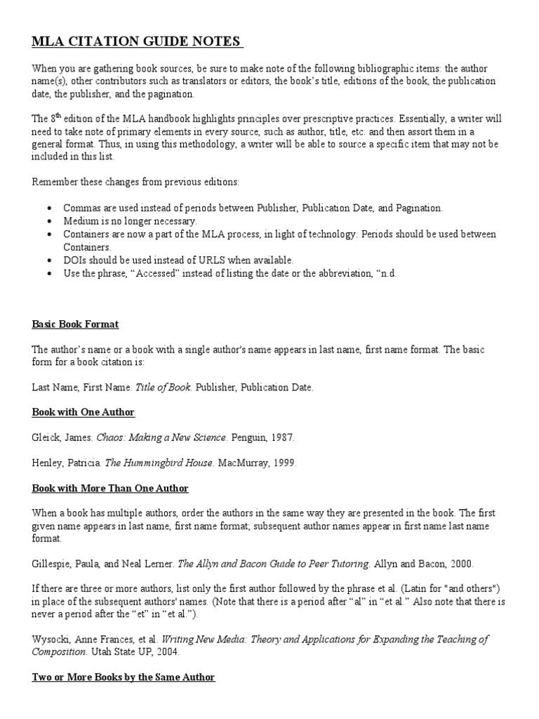 Mla Citation Guide Notes: Basic Book Format | PDF | Citation | Digital ...