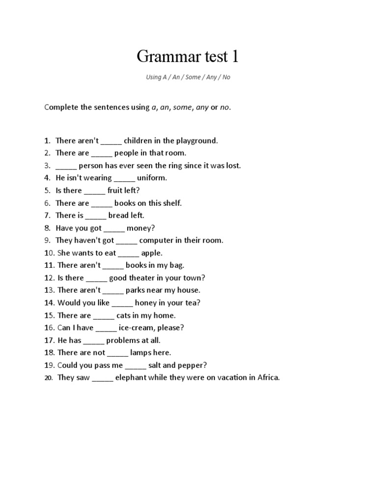 A/An/Some/Any/No Grammar Test | PDF | Language Arts & Discipline ...