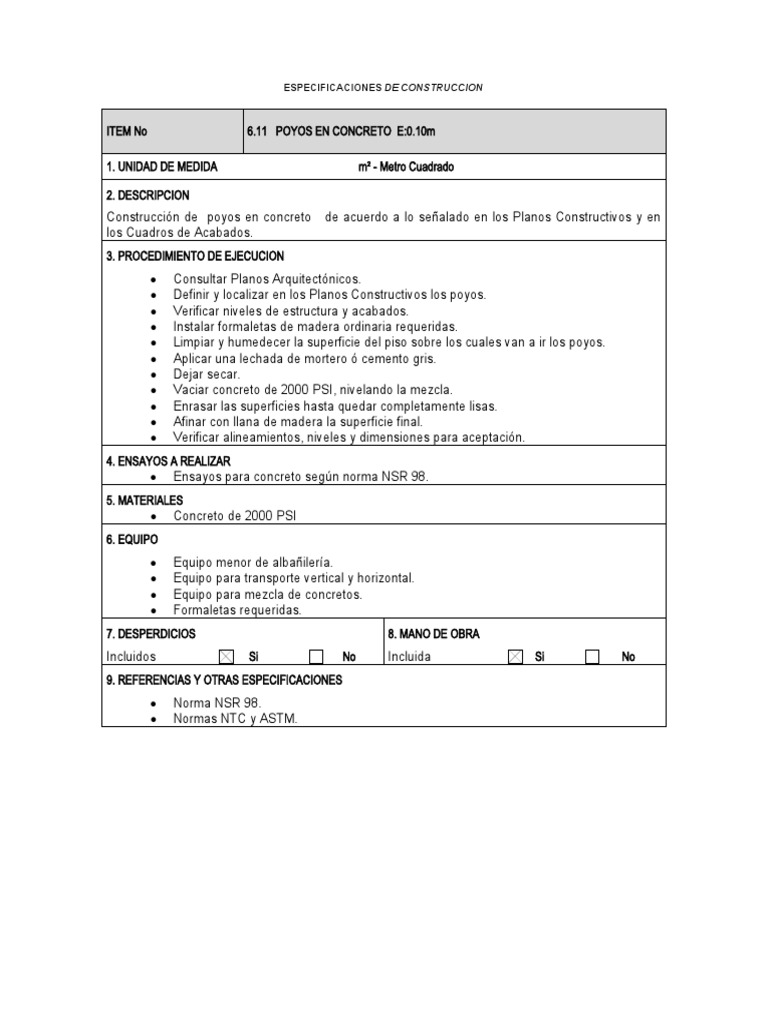 Especificaciones Para Poyos En Concreto Pdf Hormigón Ingeniería