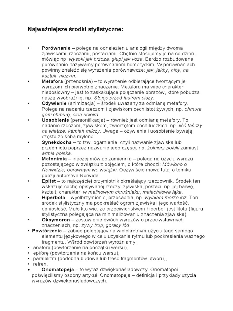 Najważniejsze Środki Stylistyczne W Języku Polskim | PDF