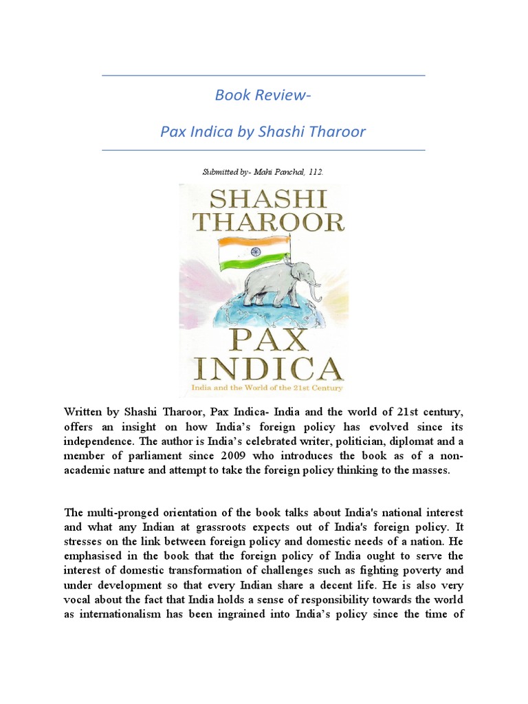 Book Review-Pax Indica by Shashi Tharoor: Submitted by - Mahi Panchal ...