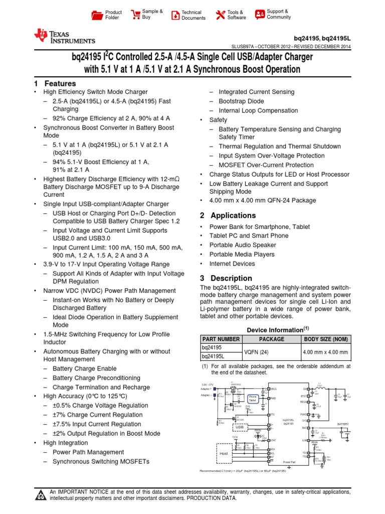 bq24195 I C Controlled 2.5-A /4.5-A Single Cell USB/Adapter Charger ...