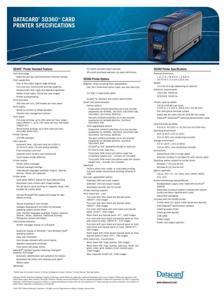 Datacard SD360 Card Printer Specifications | PDF | Printer (Computing ...