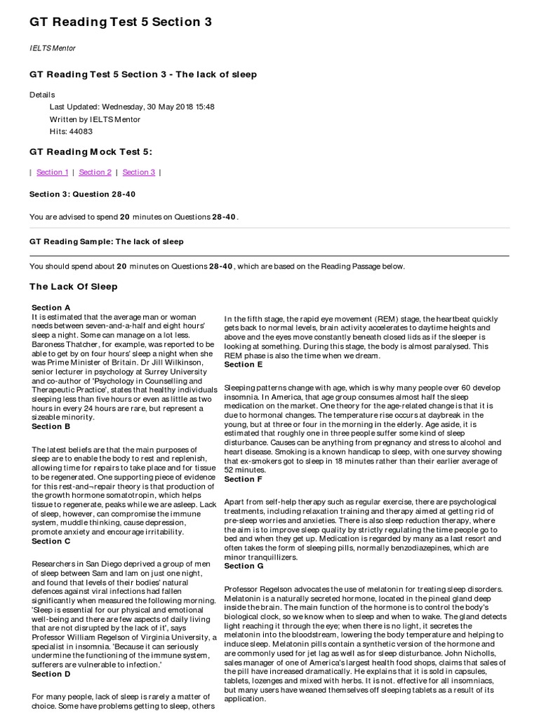 GT Reading Test 5 Section 3 - The Lack of Sleep | PDF | Sleep | Sleep ...
