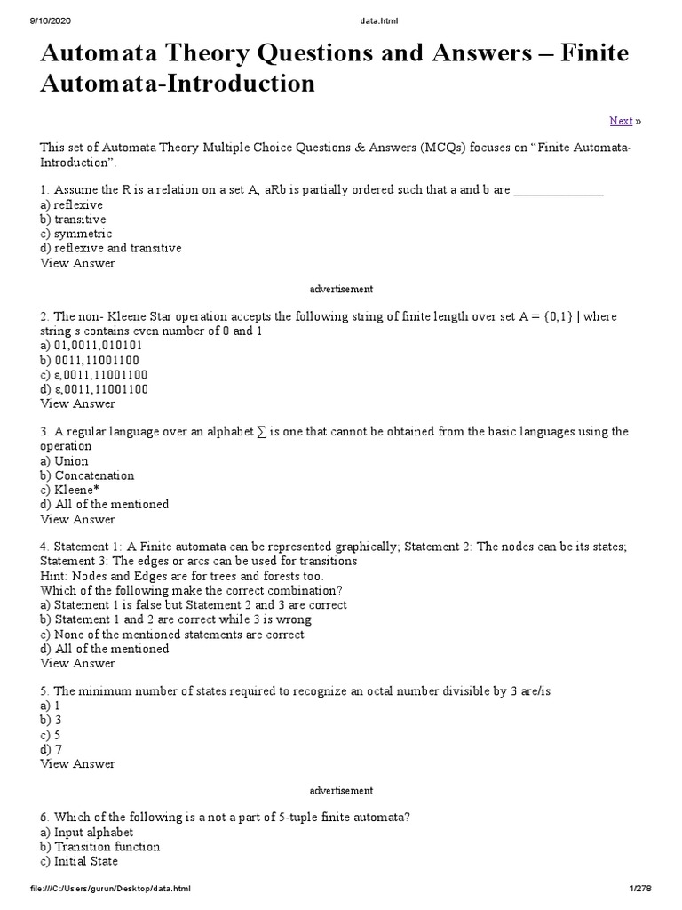 Automata Theory Questions and Answers - Finite Automata-Introduction | PDF | Automata Theory ...