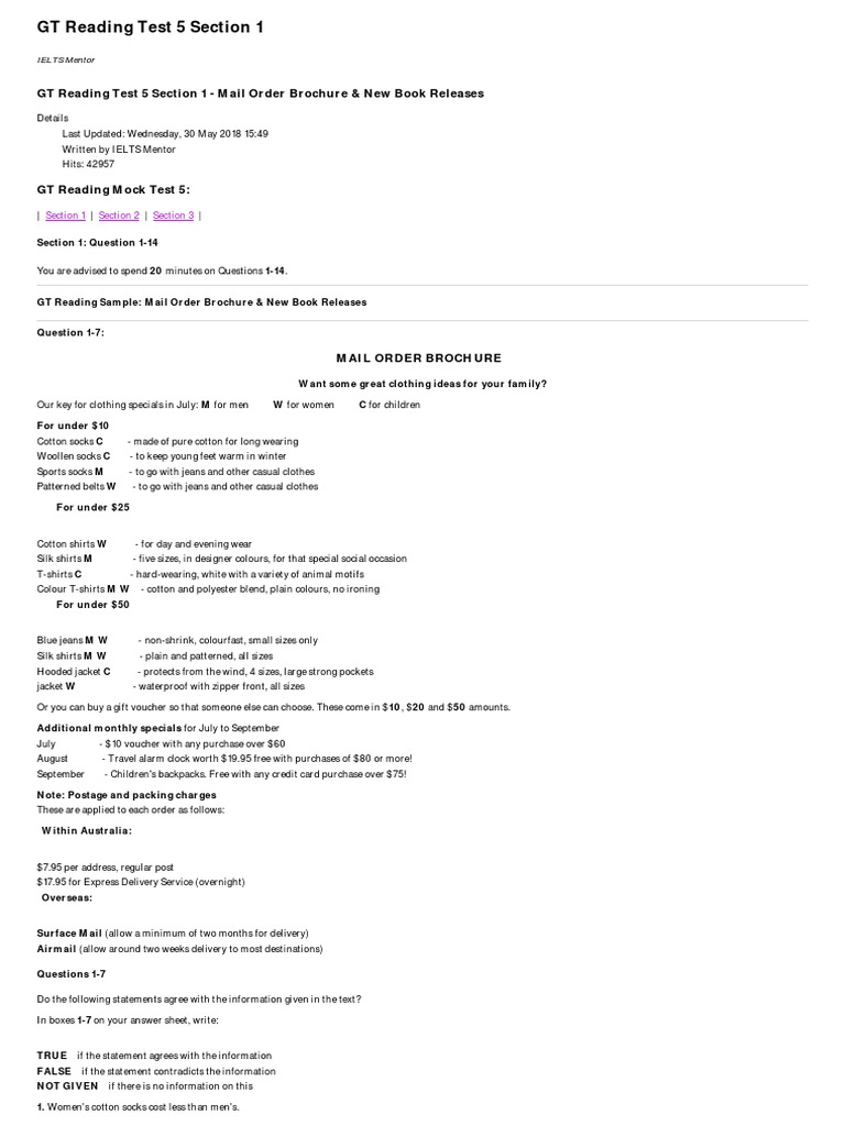 GT Reading Test 5, 1 | PDF | Sock | Clothing