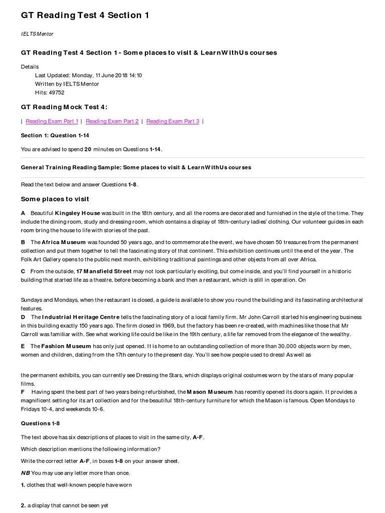GT Reading Test 4, 1 | PDF | Museum | Clothing
