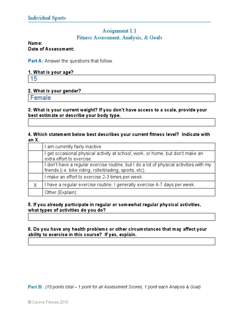 15 Female: Individual Sports Assignment 1.1 Fitness Assessment ...