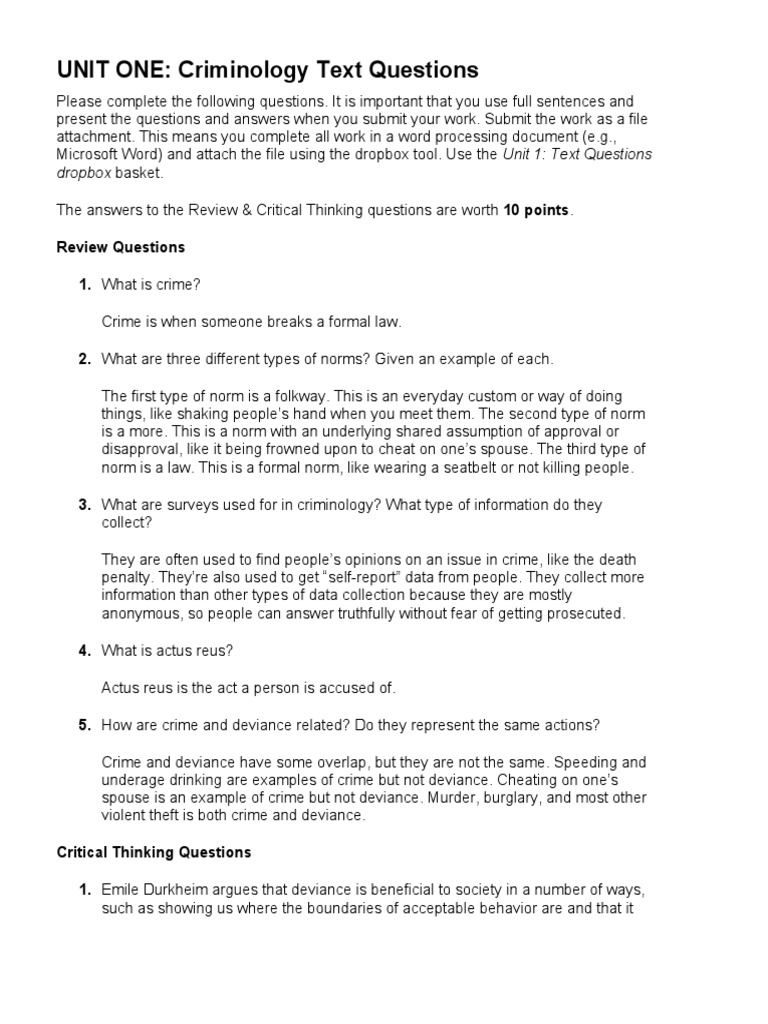 UNIT ONE: Criminology Text Questions: Dropbox Basket | PDF | Deviance ...