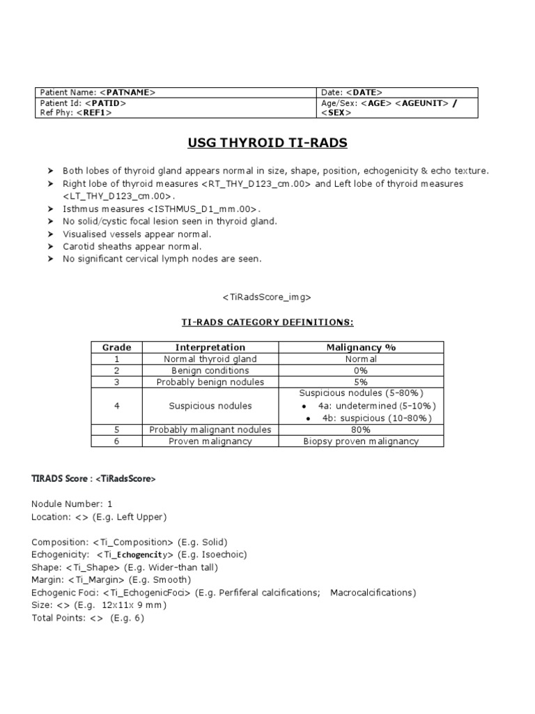 Usg Thyroid Ti-Rads: Patient Name: Date: Patient Id: Ref Phy: Age/Sex | PDF