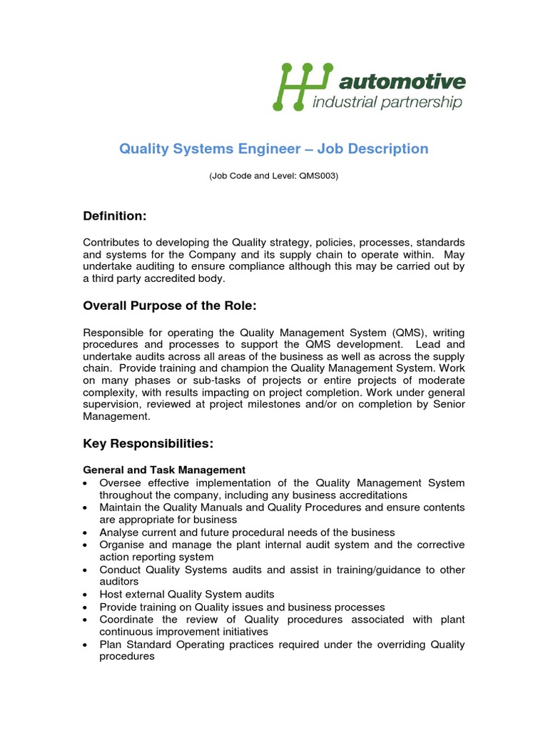 Quality Systems Engineer - Job Description: Definition | PDF | Quality ...