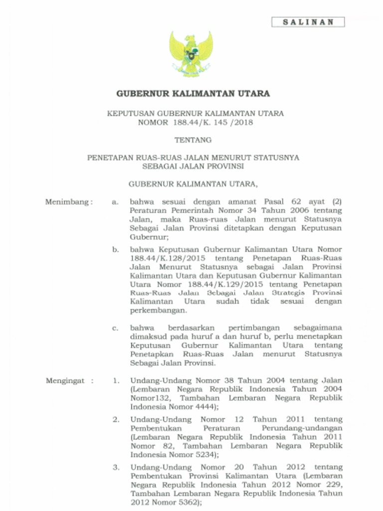 SK Gubernur No.188.44-K.145-2018 Penetapan Ruas Jalan Menurut Statusnya ...