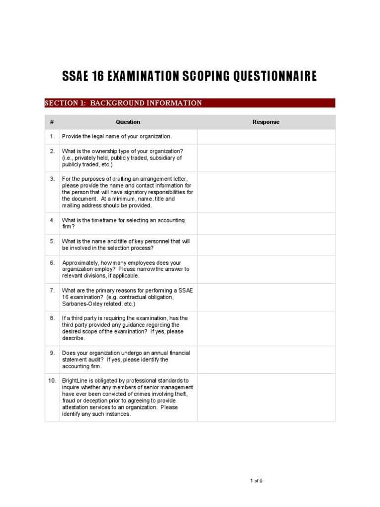 Ssae 16 Examination Scoping Questionnaire: Section 1: Background ...