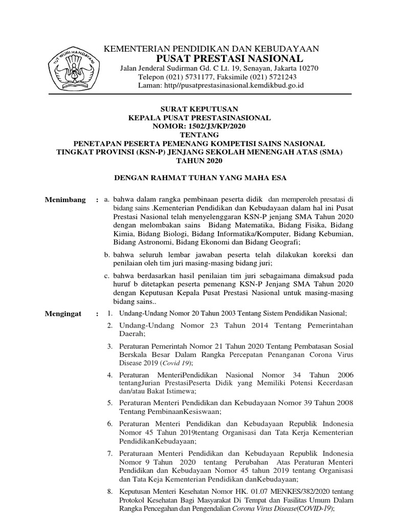Pemenang KSN-P SMA 2020 Ditetapkan | PDF | Sains & Matematika