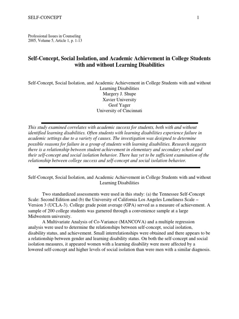 Self-Concept, Social Isolation, and Academic Achievement in College ...