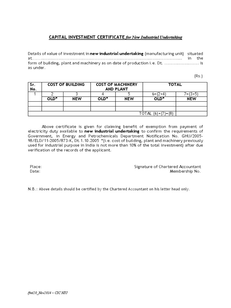 Capital Investment Certificate: For New Industrial Undertaking | PDF