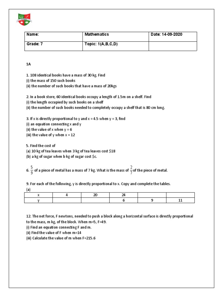 Name: Mathematics Date: 14-09-2020 Grade: 7 Topic: 1 (A, B, C, D) | PDF ...